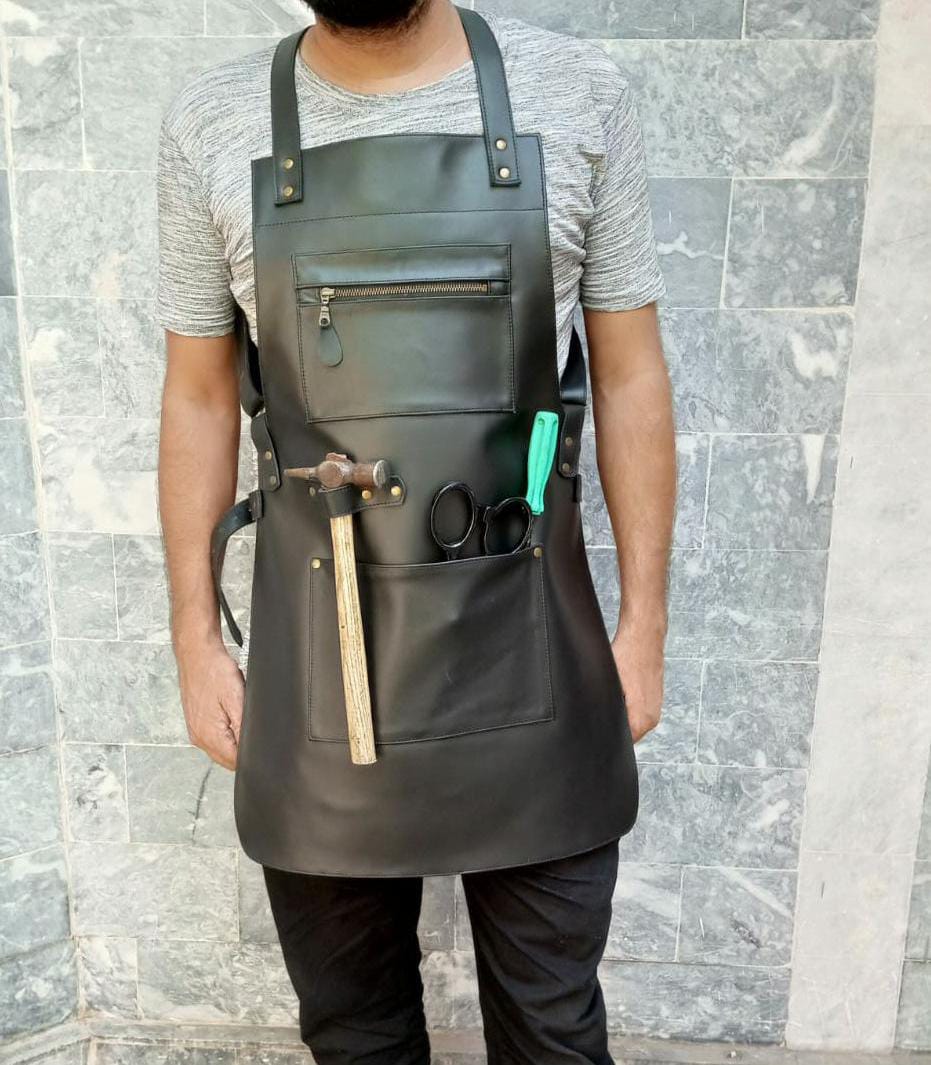 Black Leather Work Apron with Pockets, Straps and Protection – The ...